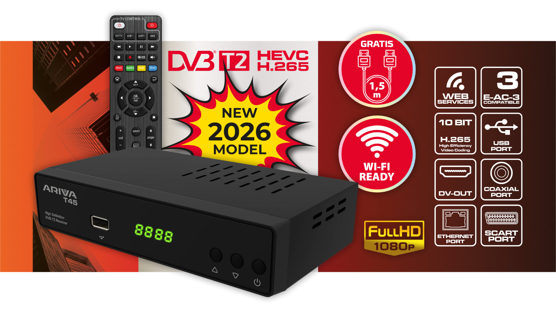 Ariva T45 odbiornik telewizji naziemnej DVB-T2 HEVC | Full HD | USB ...